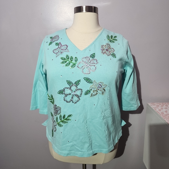 Quacker Factory Tops Quacker Factory Blue Floral 34 Sleeve Top Plus
